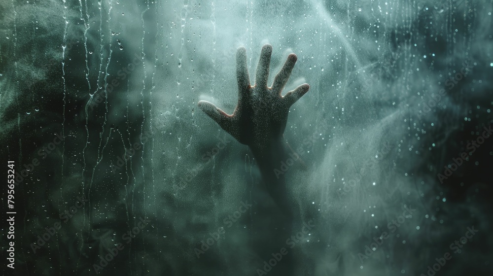 A chilling image capturing a mysterious hand against foggy glass sets ...