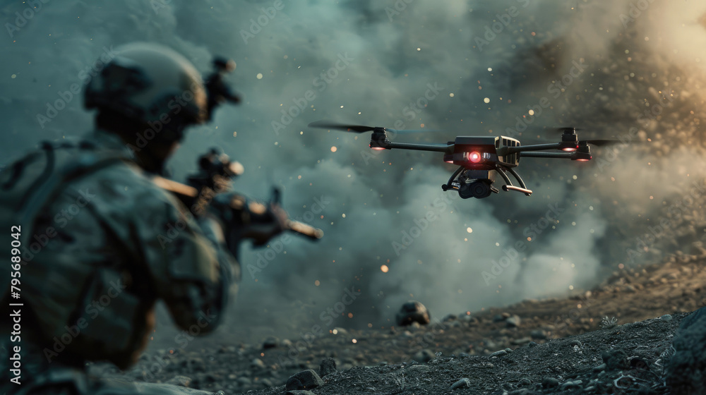 Drone flying above of battlefield on smoke background, military modern uav for surveillance ...