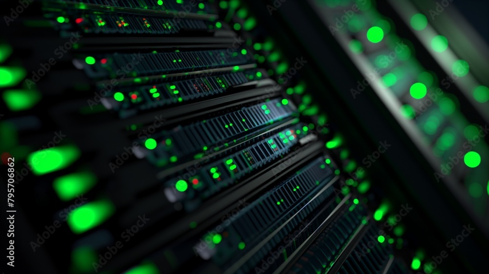 Futuristic background image of rack server with flashing lights in supercomputer, copy space ...