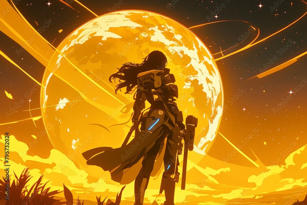 Futuristic space princess looking at the planet Mars, orange and black ...
