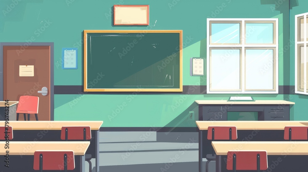 flat representation of an empty school classroom featuring just the ...
