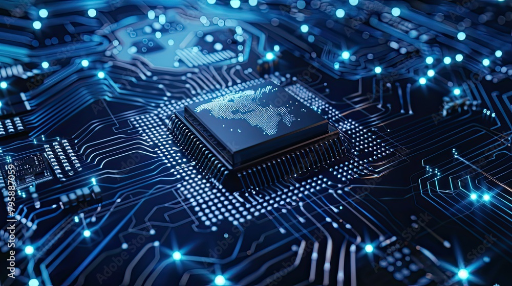 Blue microprocessor connections and round scanner over globe against ...