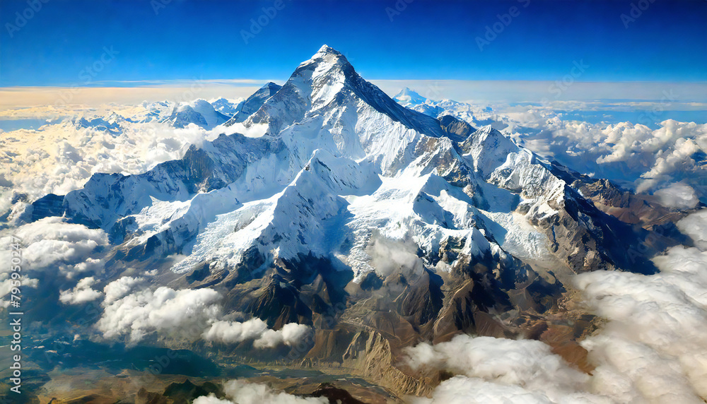 Mount Everest. Everest towering high against the blue sky. Mount ...
