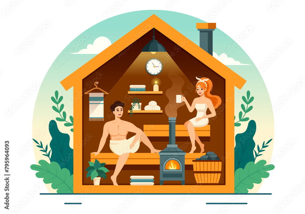 Sauna and Steam Room Vector Illustration with People Relax, Washing ...