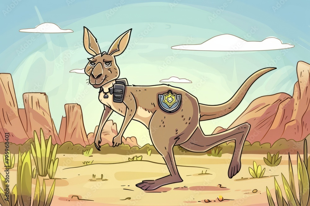Cartoon cute doodles of a brave police officer kangaroo hopping through ...