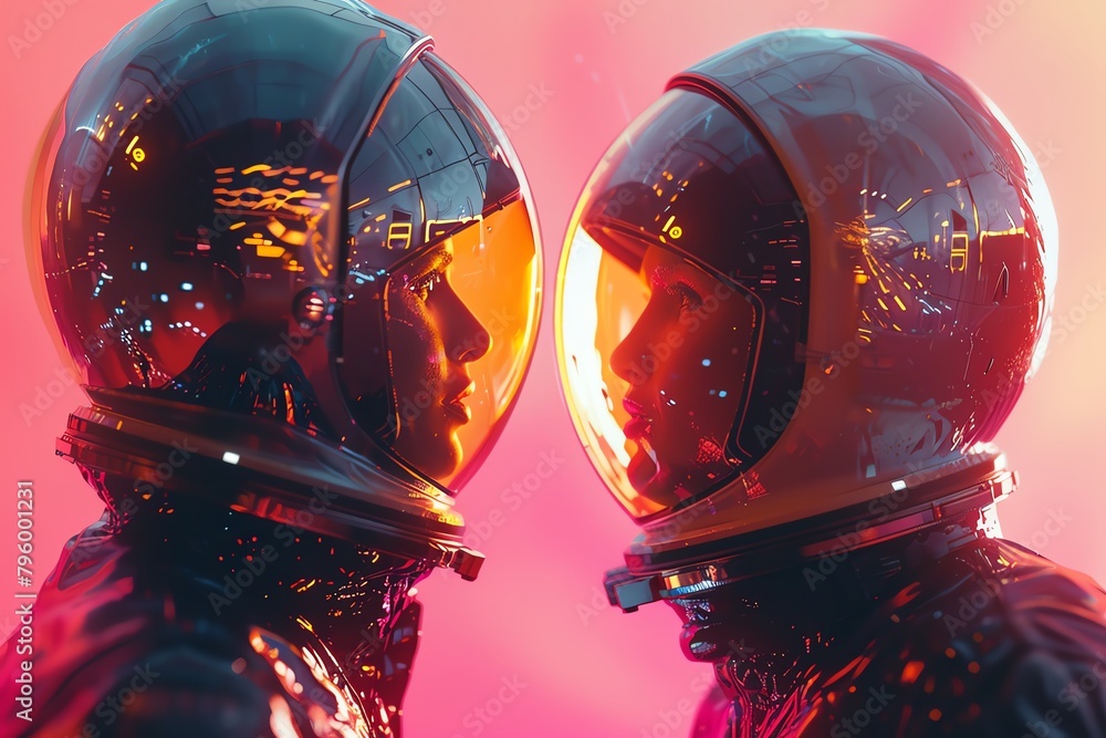 Craft a digital artwork showcasing a cosmic love story between astronauts in a photorealistic ...