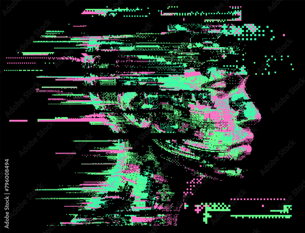 Glitched and pixelated silhouette of a 3D human head on a dark ...