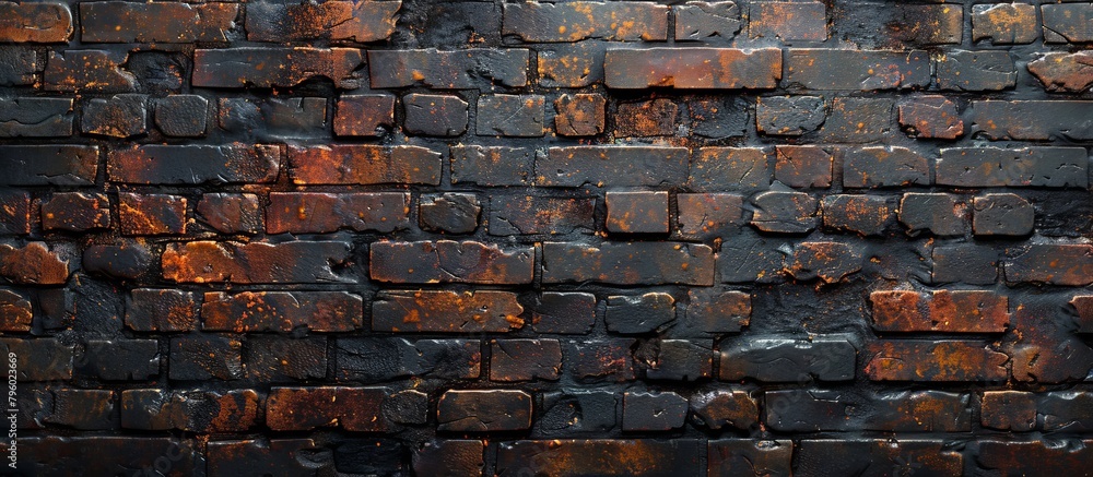 Detailed view of an aged brick wall covered in rust and flaking paint ...