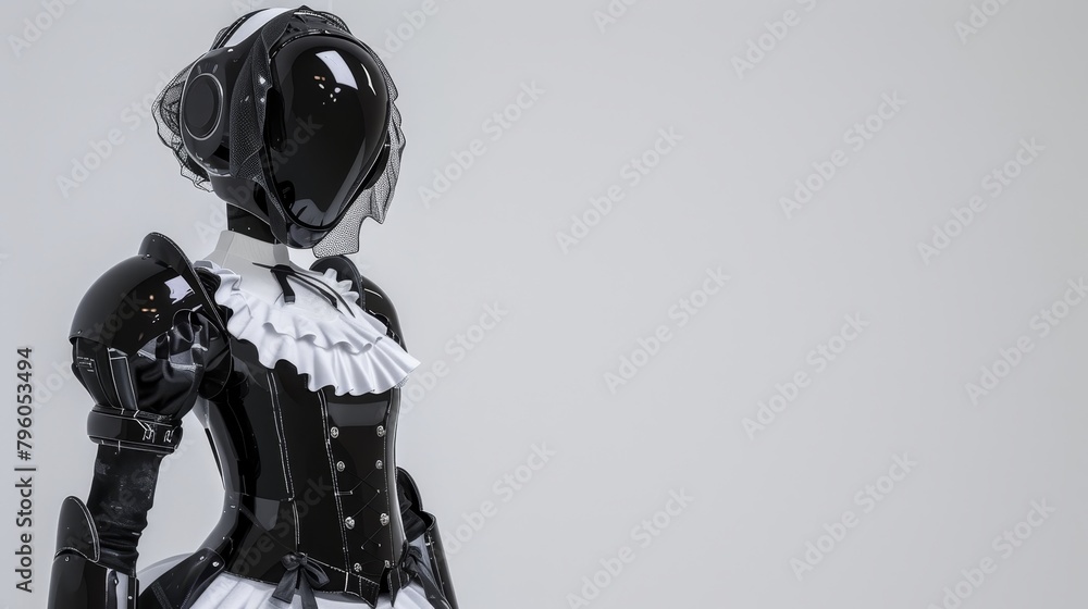 Advanced female android styled in a traditional maid outfit, white ...
