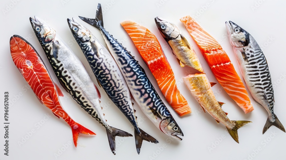 Artistic composition of fatty fish varieties, including salmon and ...