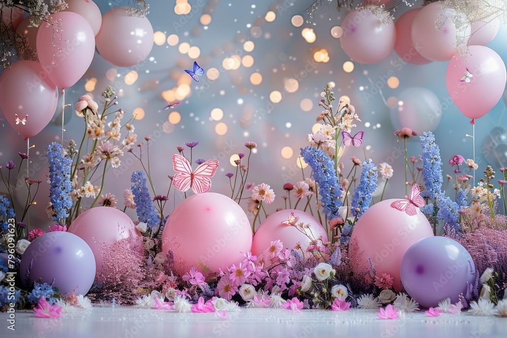Backdrop for butterfly theme birthday party, lots of balloons and ...