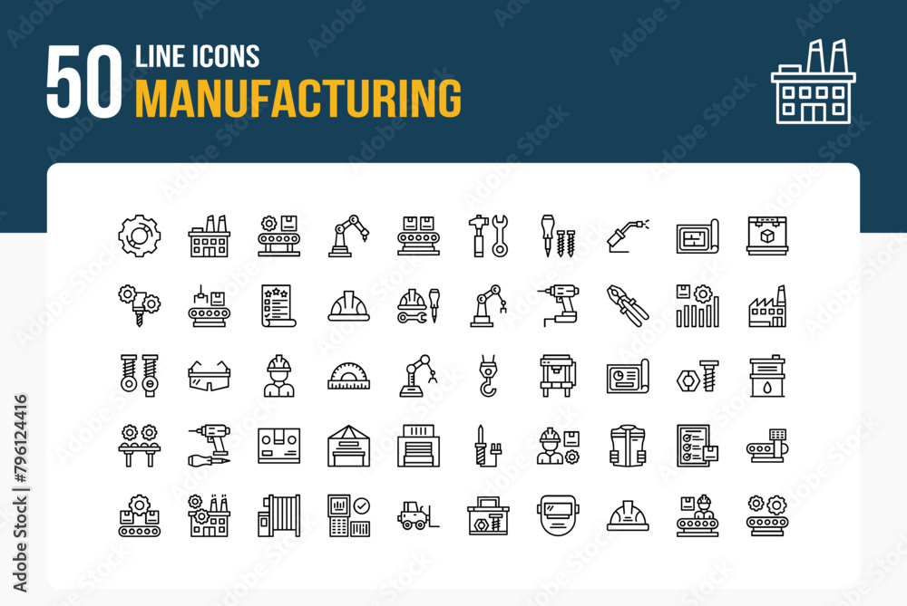 Set of 50 Manufacturing icons related to Gear, Factory Assembly Line ...