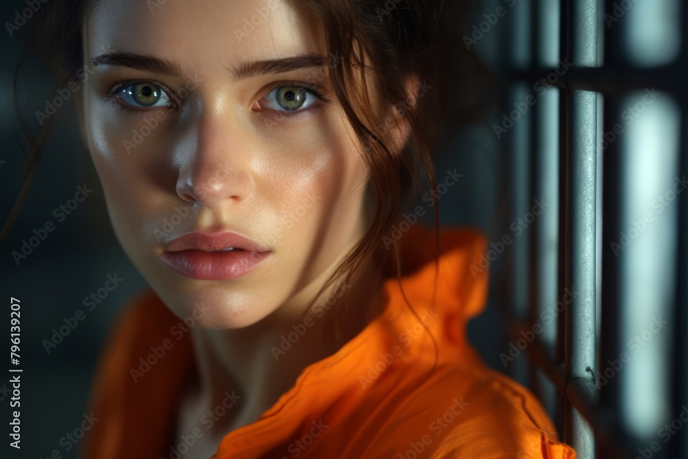 Shot of a female prisoner in modern orange jumpsuit, aged 25 ...