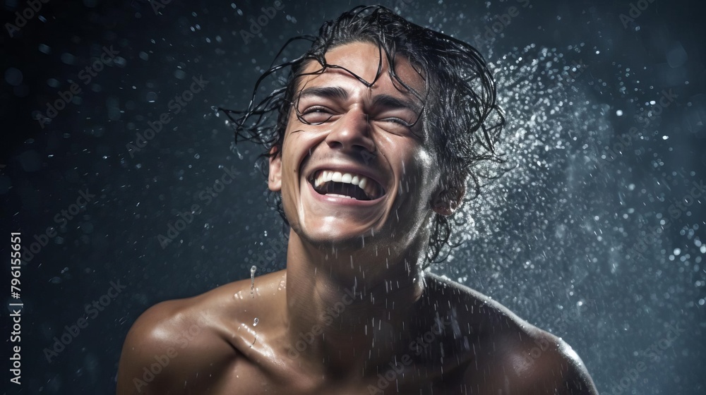 Dynamic studio photo of a happy young man with water splashing across ...