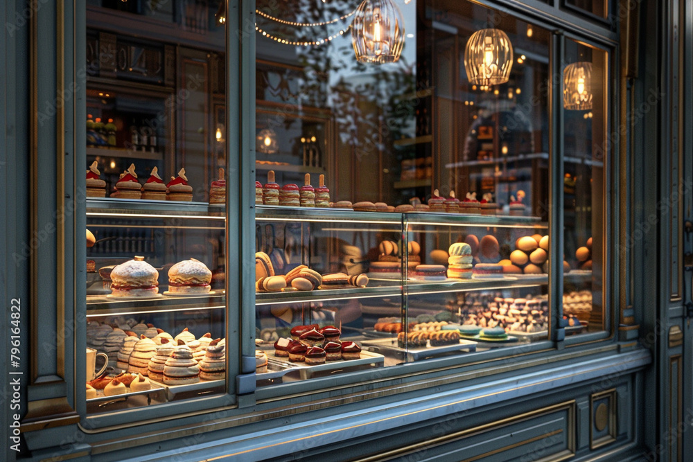 Showcase of artisan pastries like eclairs, cream puffs, and macarons in ...