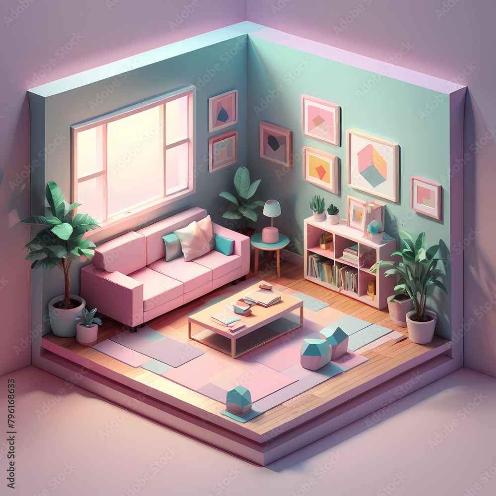 Foto de Stock cube cutout of an isometric living room, 3d art, pastel colors, soft lighting ...