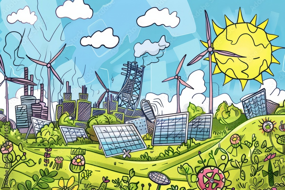 Cartoon cute doodles of a futuristic energy grid powered by renewable ...