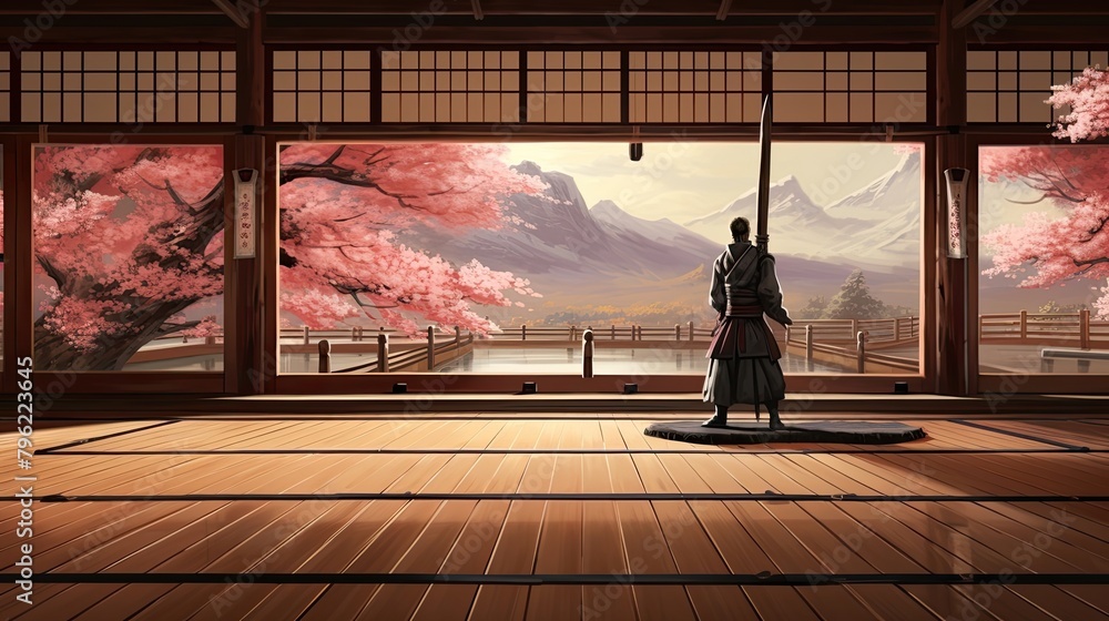 Samurai training in the serene setting of a dojo with cherry blossoms ...