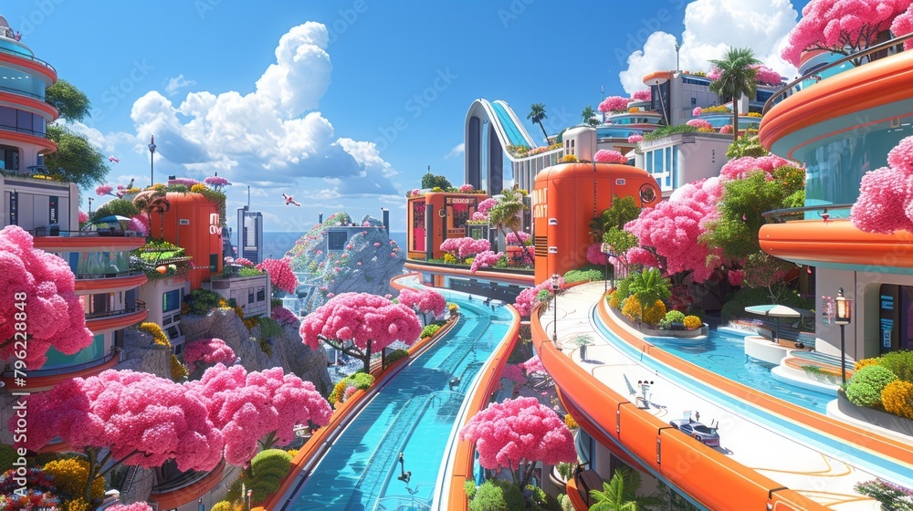 Metaverse real estate vision, dynamic and colorful virtual structures ...