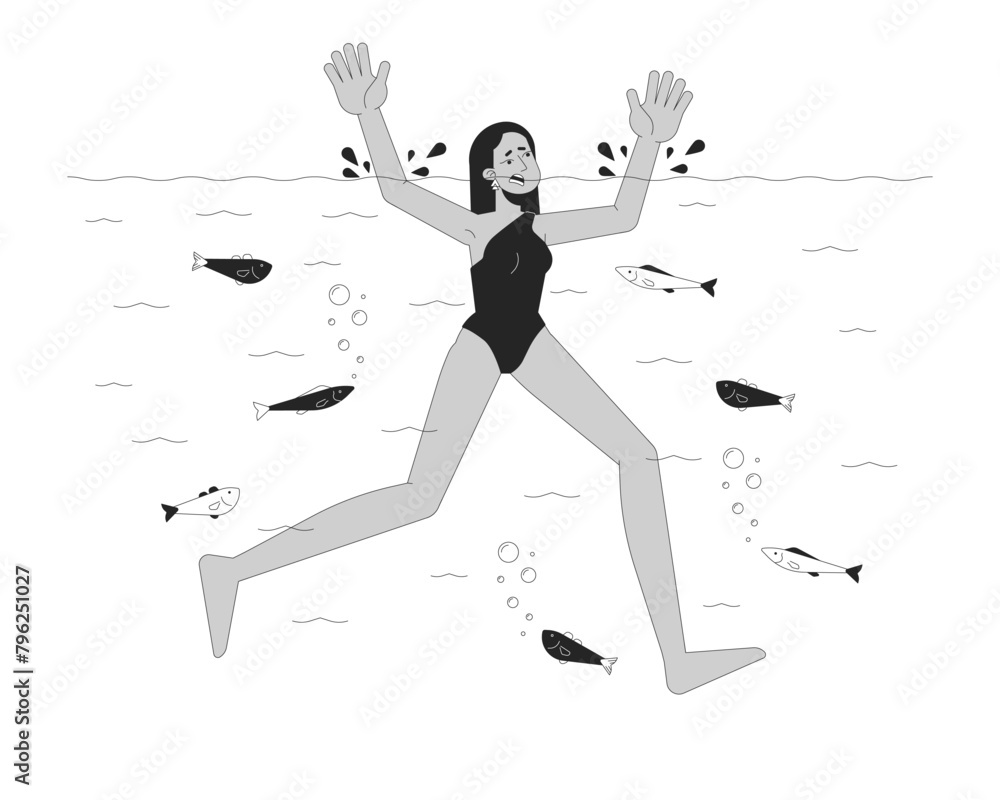 Arab woman drowning in river black and white cartoon flat illustration ...