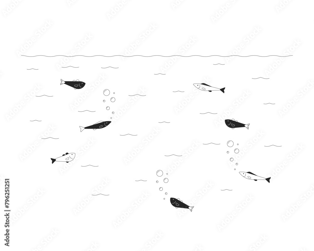 Fishes school swimming underwater black and white cartoon flat ...