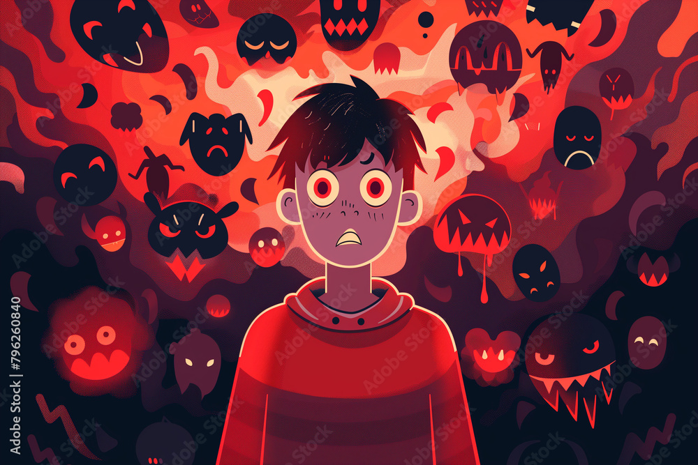 Vector Illustration of Phobias and Fears: Person Surrounded by Symbols ...