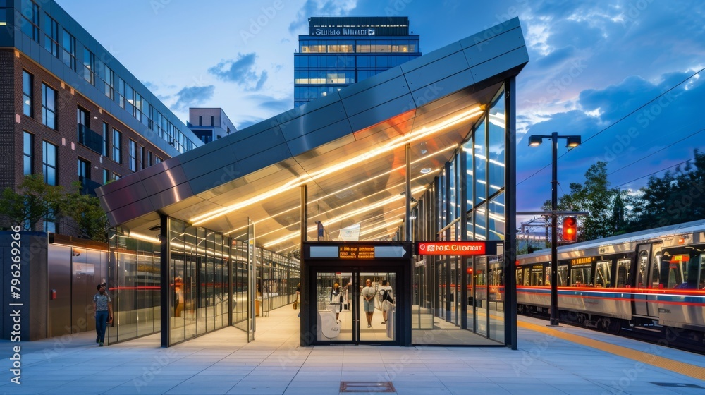 The exterior of a modern subway station, its sleek architecture and ...