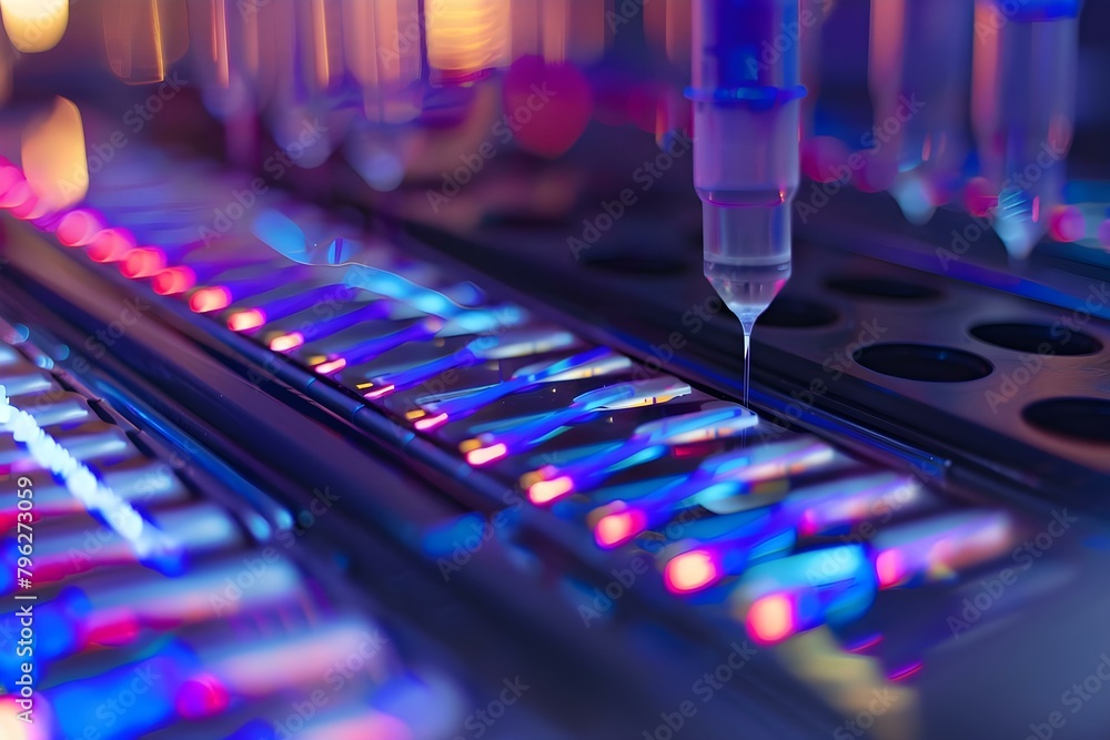 Closeup view of DNA sequencing machine decoding an individuals genome ...