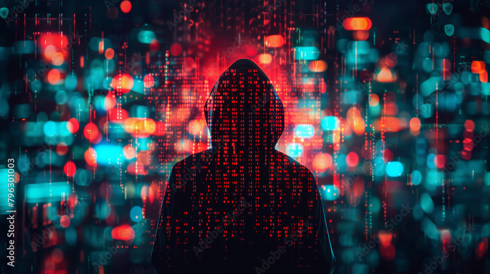 Abstract, code and night with hacker person reading programming language for phishing ...