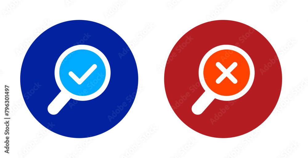 round magnifying glass icon with blue check mark and red cross mark ...