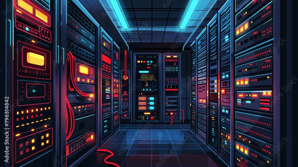 Internet Infrastructure: A vector illustration of a data center with ...