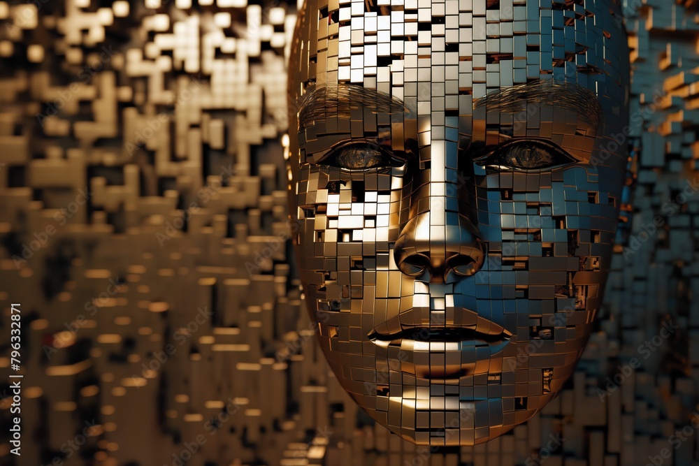 human's face with 3D cubes and particles in space as symbol of ...