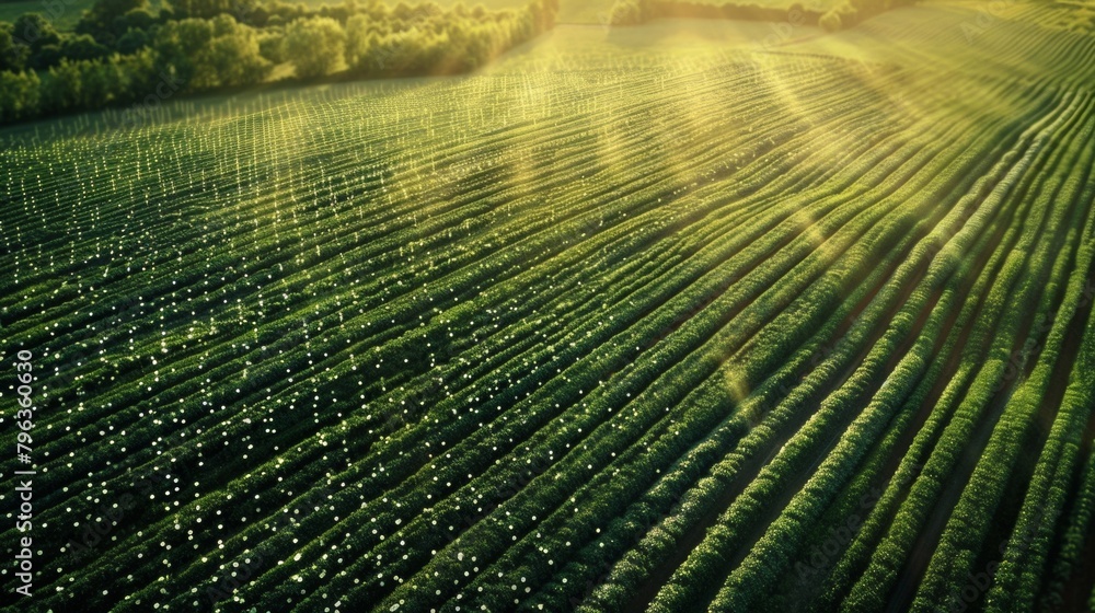 An aerial view of a field with rows of crops representing the source of ...