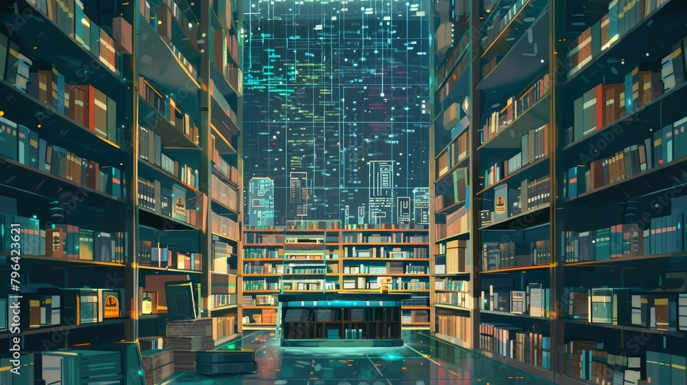 At a sprawling digital archive, an AI, illustrated as a friendly ...