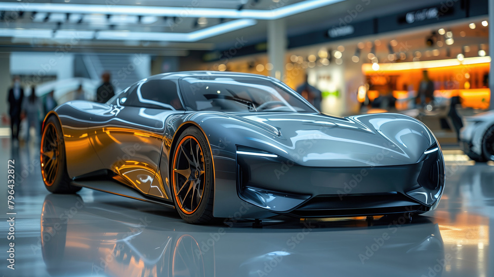 A prototype electric car takes center stage in a sleek showroom ...