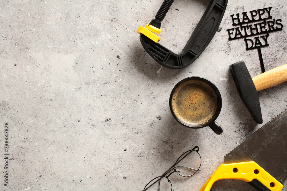 Happy Fathers Day card template. Top view photo of carpentry tools ...