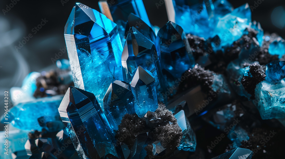 A blue crystal formation is on a rocky surface. The blue color of the ...