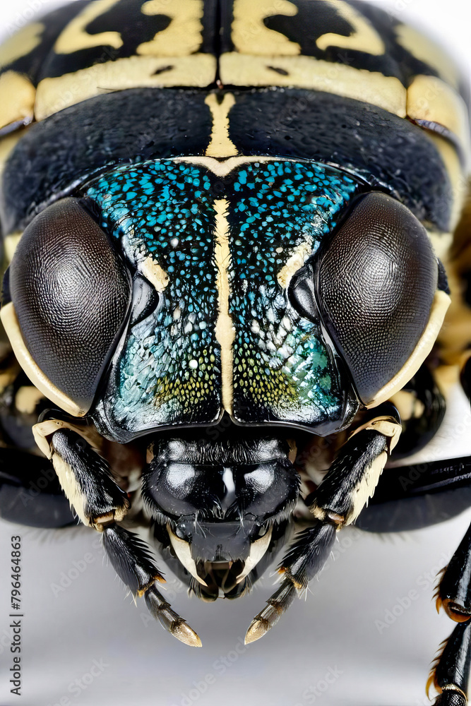 Detailed frontal view of a beetle with yellow and black patterning ...