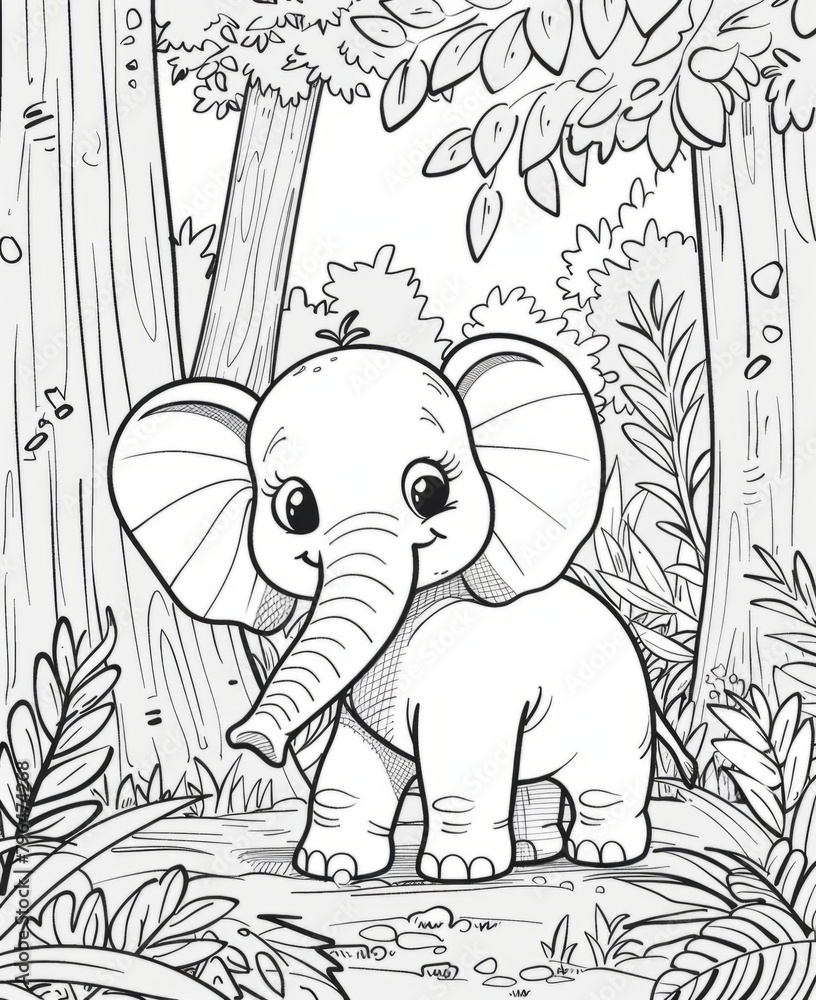 Adorable Cartoon Elephant in Jungle Coloring Page for Kids, coloring ...