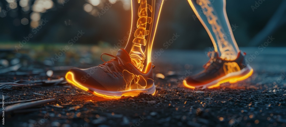 Runner s calf muscle injury on outdoor path, foot with orange bone ...