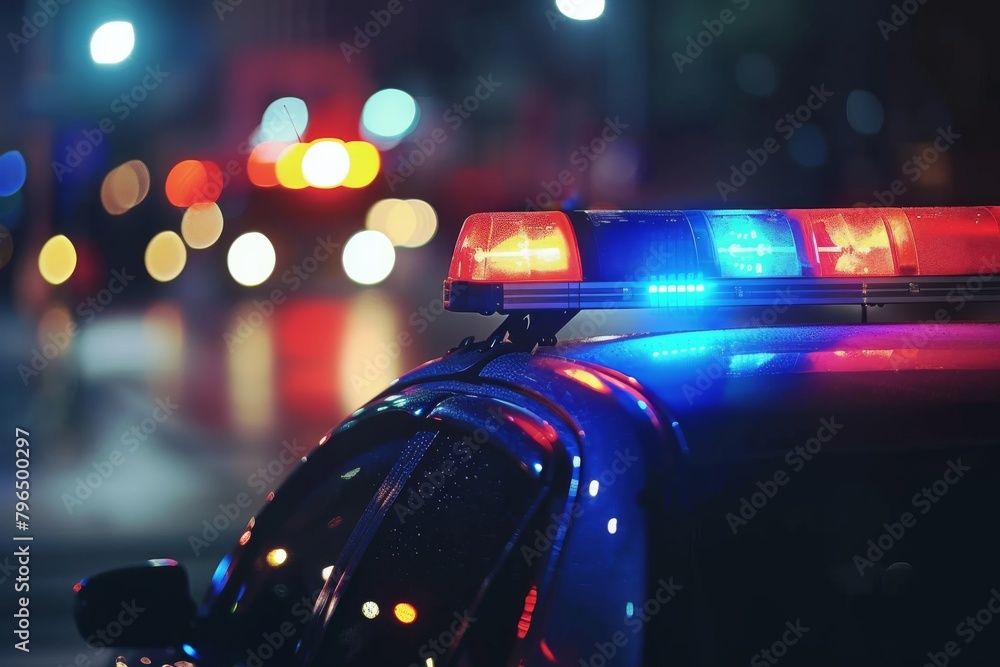 Vivid close-up of a police car's red and blue emergency lights with ...