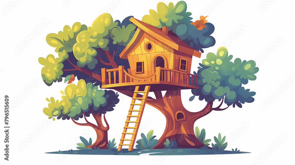 Cartoon cozy treehouse nestled among lush green foliage with a ladder ...