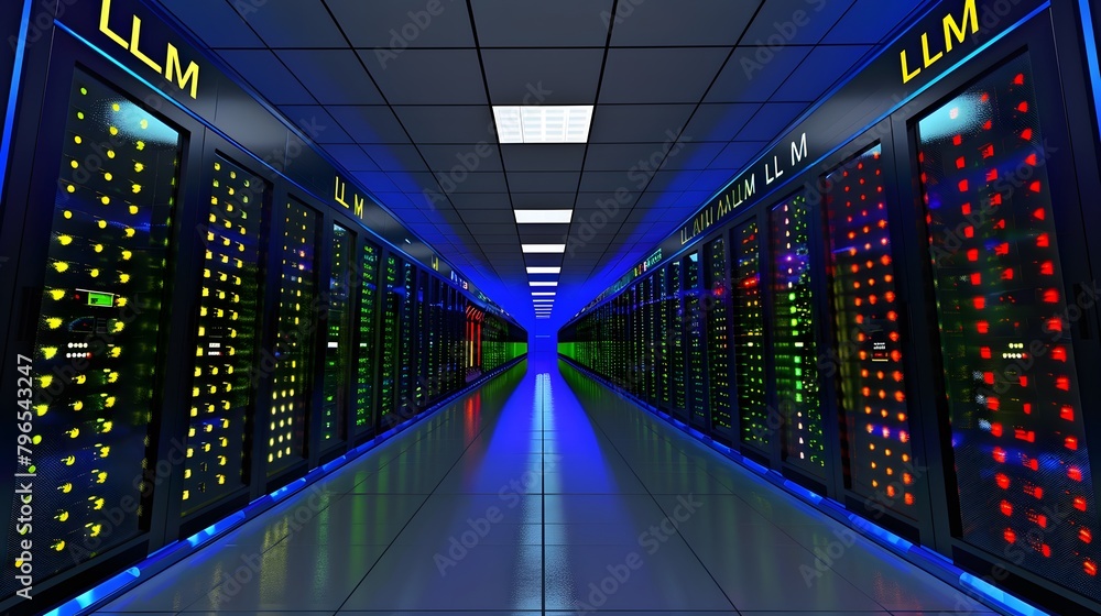 supercomputer in IT room with deep learning, LLM large language model, artificial intelligence ...