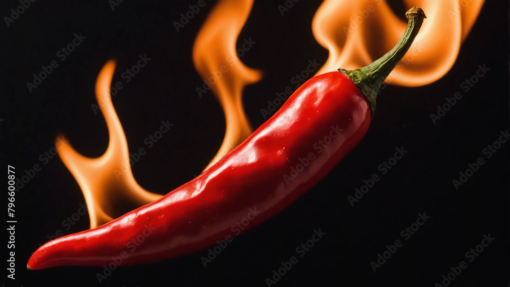 red hot chili pepper burns on fire on a black background, seasoning ...