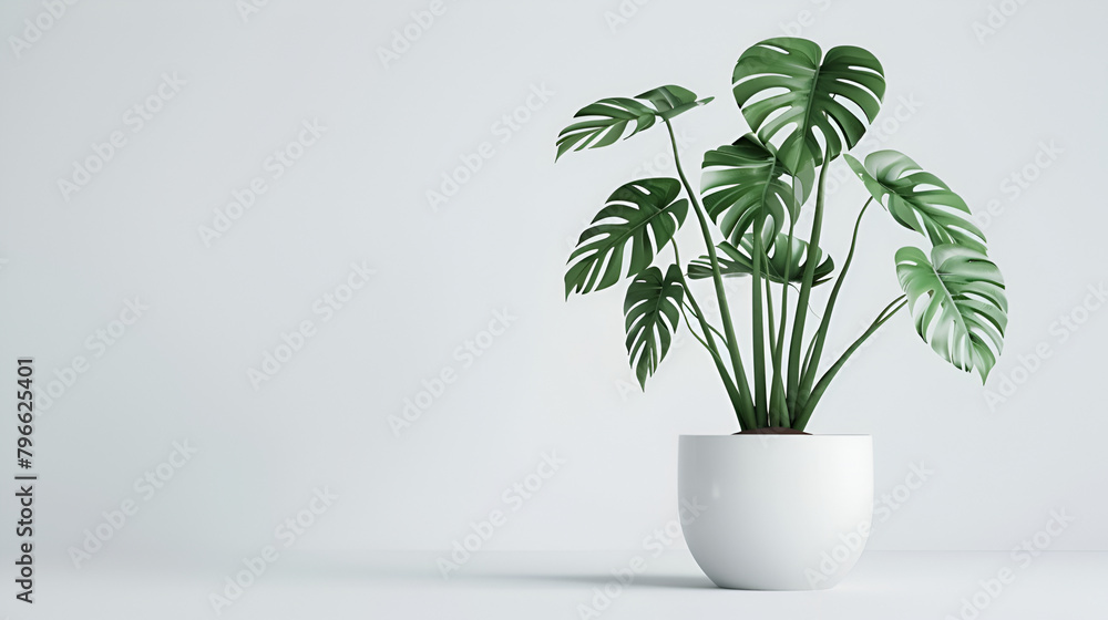 clean image of a large leaf house plant Monstera deliciosa in a gray ...