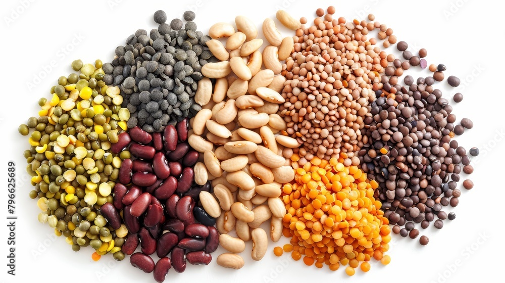 Dynamic top view of a variety of legumes, each a source of protein and ...