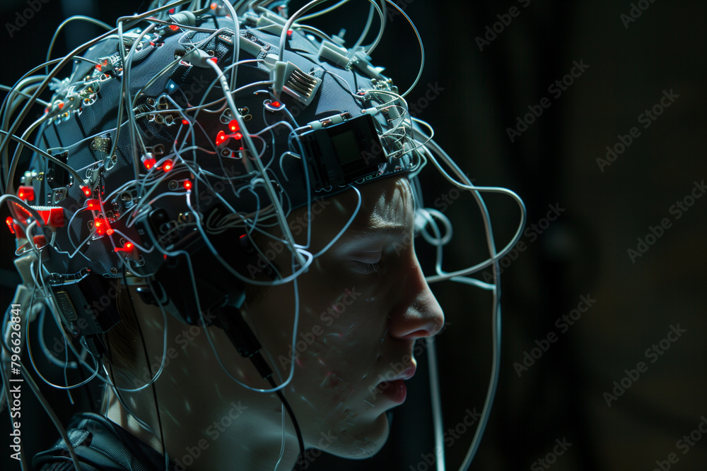 authentic depiction of brainwave monitoring, with electrodes attached ...