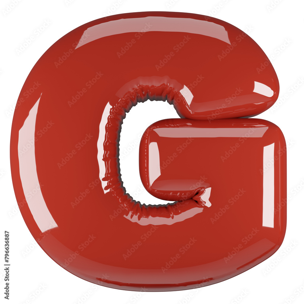 Inflated glossy RED letter G uppercase illustration. 3D render of latex bubble font with glint ...