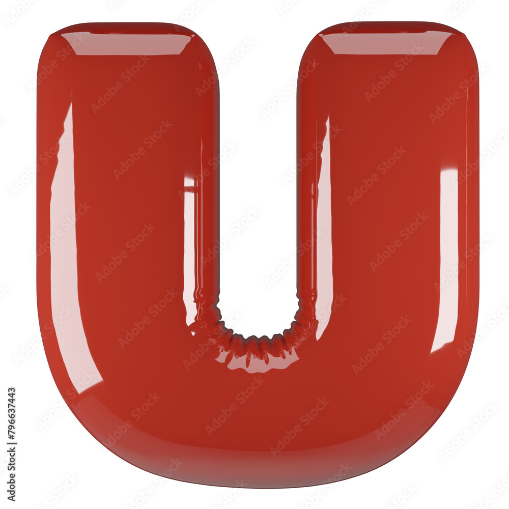Inflated glossy RED letter U uppercase illustration. 3D render of latex bubble font with glint ...