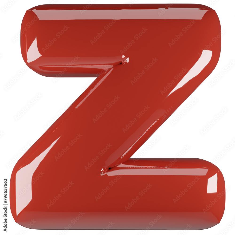 Inflated glossy RED letter Z uppercase illustration. 3D render of latex bubble font with glint ...
